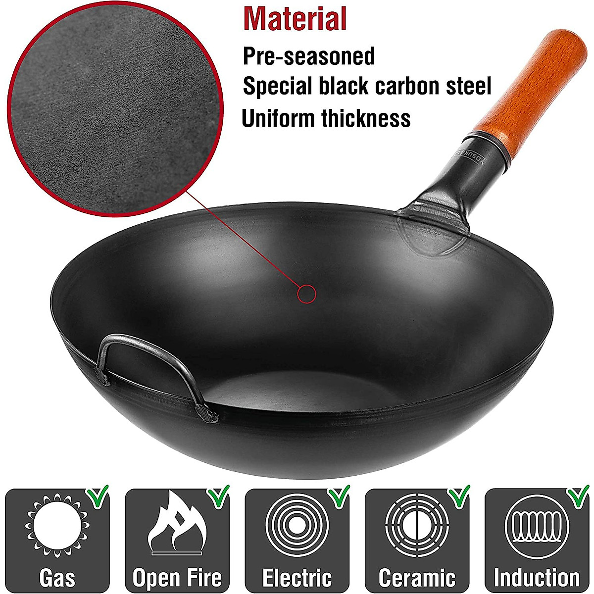 YOSUKATA Carbon Steel Wok Pan 13,5“ + 17’’ Wok Spatula and Ladle - Set of 2 Heat-Resistant Wok Tools + Premium Wok Cover 13,5 inch Pan Lid