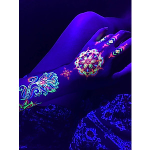 Temporary Tattoos – 3 Sheets Tattoo Design Body Art Blacklight Reactive Light Festival Accessories Glow in the Dark Party Supplies | 7.2” x 5.2” Temp Tattoos Great for EDM EDC Party Rave Parties