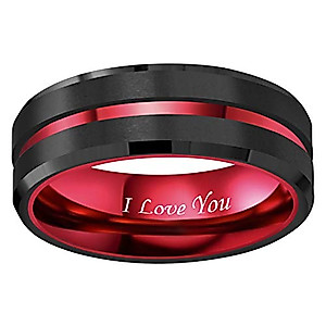 RoyalKay 8mm Red Black Tungsten Wedding Band Ring Men Women Matte Finish Red Grooved Engraved I Love You Comfort Fit Size 6 To 16(8mm,10)