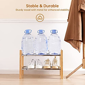 Nroech Expandable Shoe Rack Storage Organizer-Adjustable 2 Tier Wood and Metal Shoe Shelf Heavy Duty Free Standing Shoe Rack for Closet Bedroom Entryway (Natural)