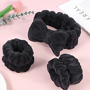 BESARME 3 Pieces Face Wash Headband and Wristband Set Spa Headband Makeup Skincare Headbands Hair Accessories for Women Wrist Towels Wrist Bands for Washing Face (Black)