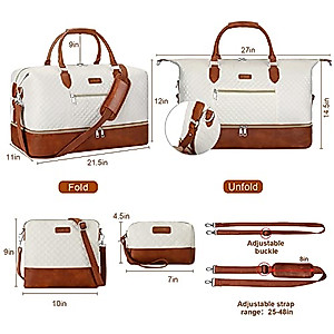 Weekender Bag for Women, Travel Duffel Bag Carry On Overnight Bag with Shoe Compartment Large Nylon Travel Tote Bag 21.5" with Toiletry Bag for Traveling Business Weekend Trip Gift 3Pcs Set (2-Beige)