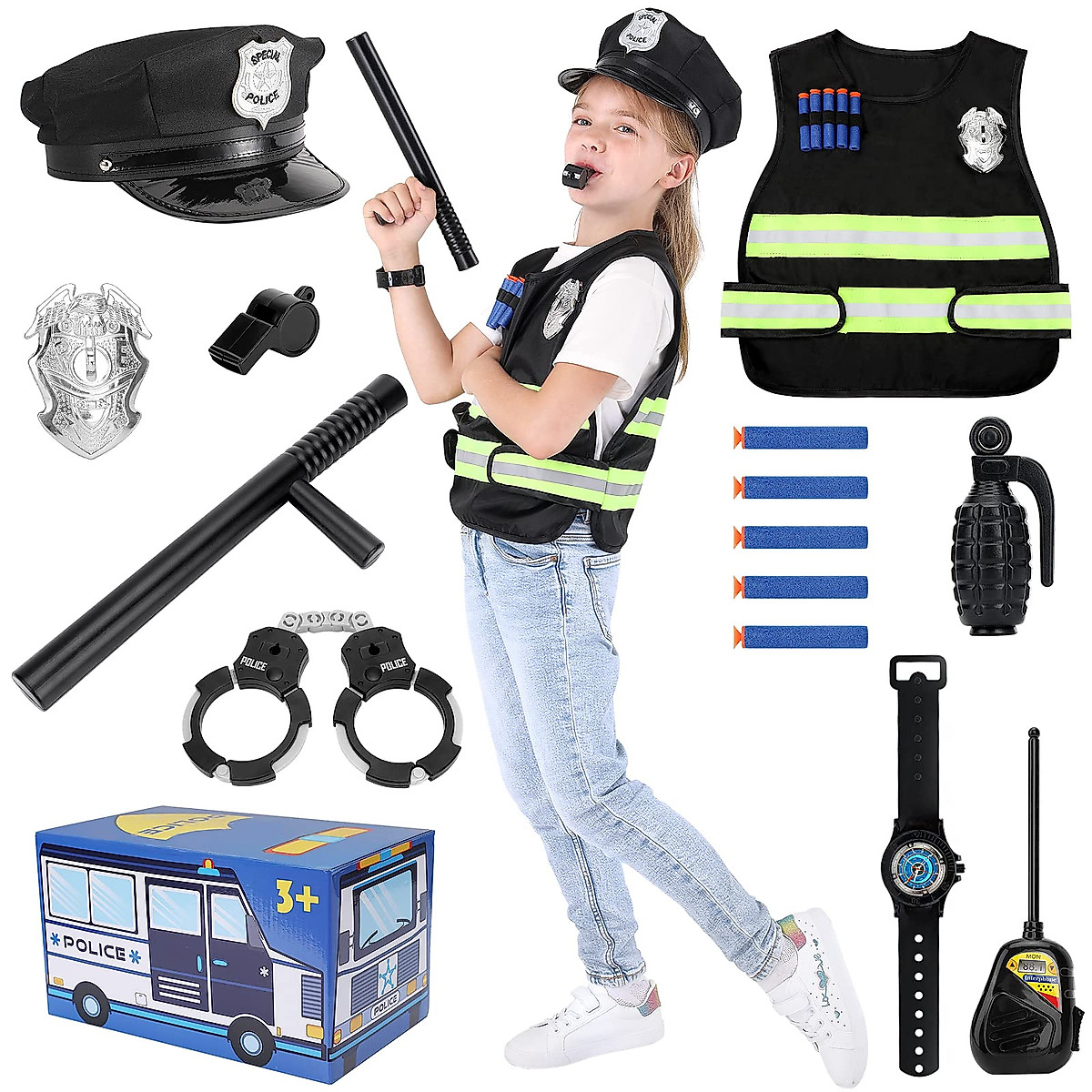 Kids Police Dress up Set Police Officer Role Play Costume Toys Set for Kids Ages 3-7 Years Old Includes Police Vest, Hat and Accessories for Boys and Girls Pretend Play