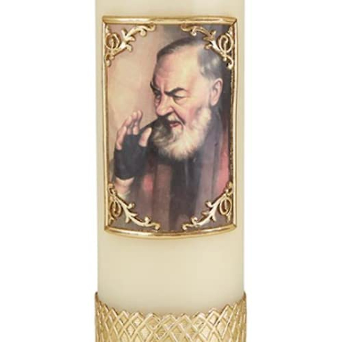Saint Pio Prayer Candle, Serenity Pillar Candles Hand Decorated with Metallic Gold Tone Wax and Colored Image of Padre, Religious Church Supplies, 7.75 Inches