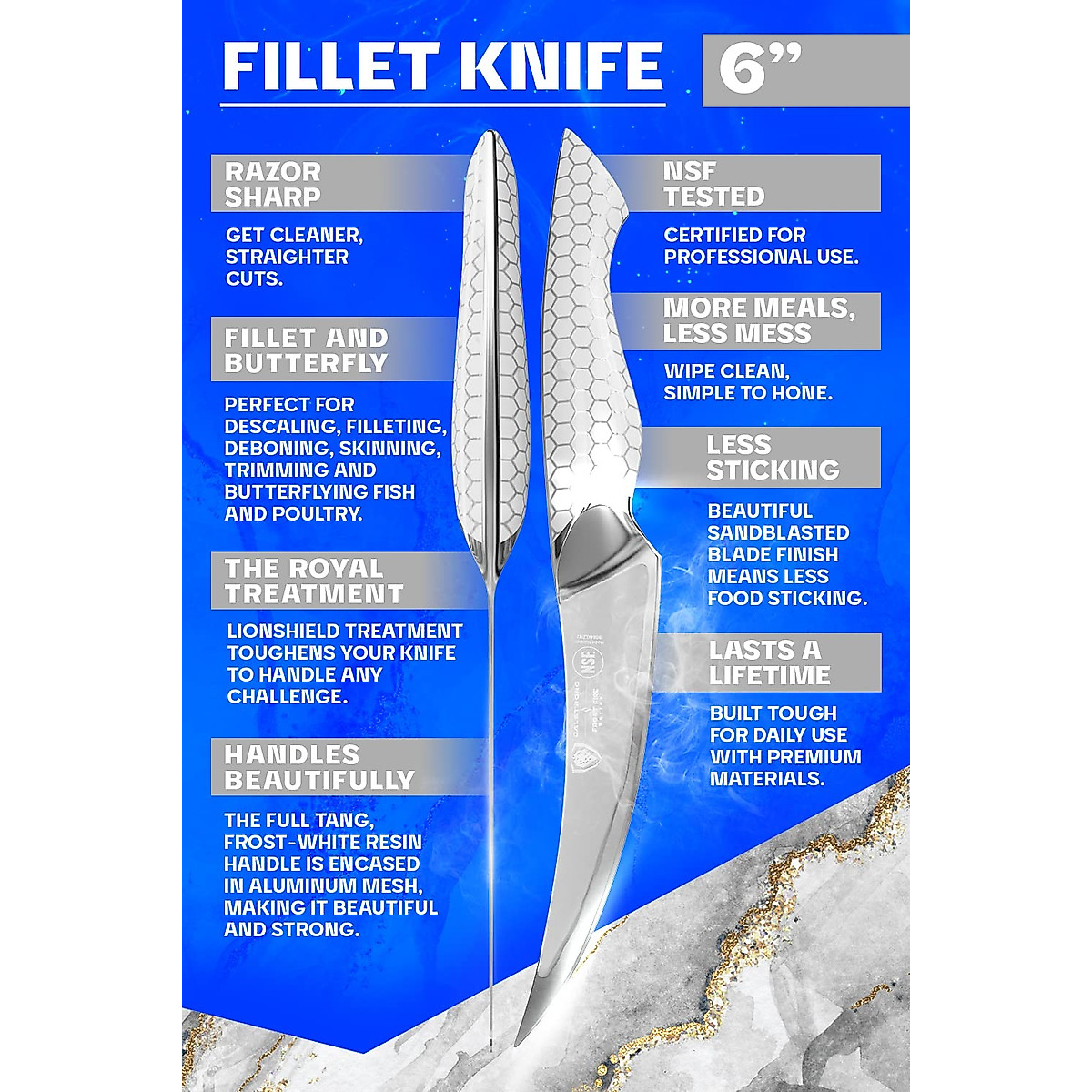 Dalstrong Fillet Knife - 6 inch - Frost Fire Series - High Chromium 10Cr15CoMoV Steel - Frosted Sandblast Finish - White Honeycomb Handle - Meat Boning Knife - Leather Sheath - NSF Certified