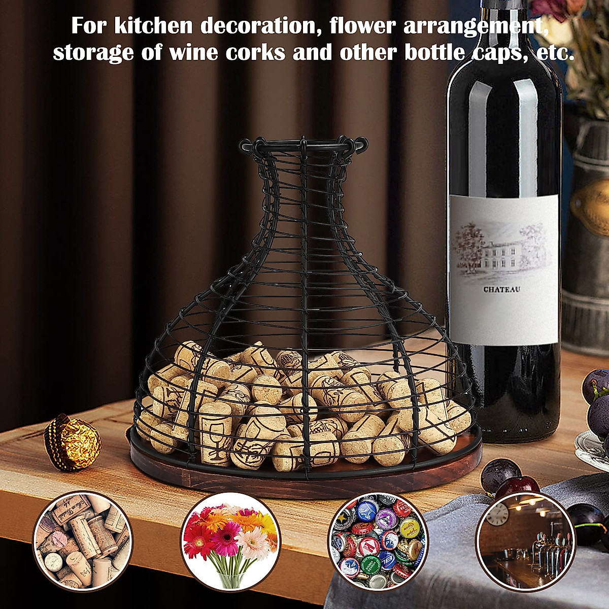 IEBIYO Wine Cork Container Wine Stopper Holder Black Wine Cork Storage with Wooden Bottom Cork Collector Cage Wine Lover Gift Kitchen Decor (Bronze Black)