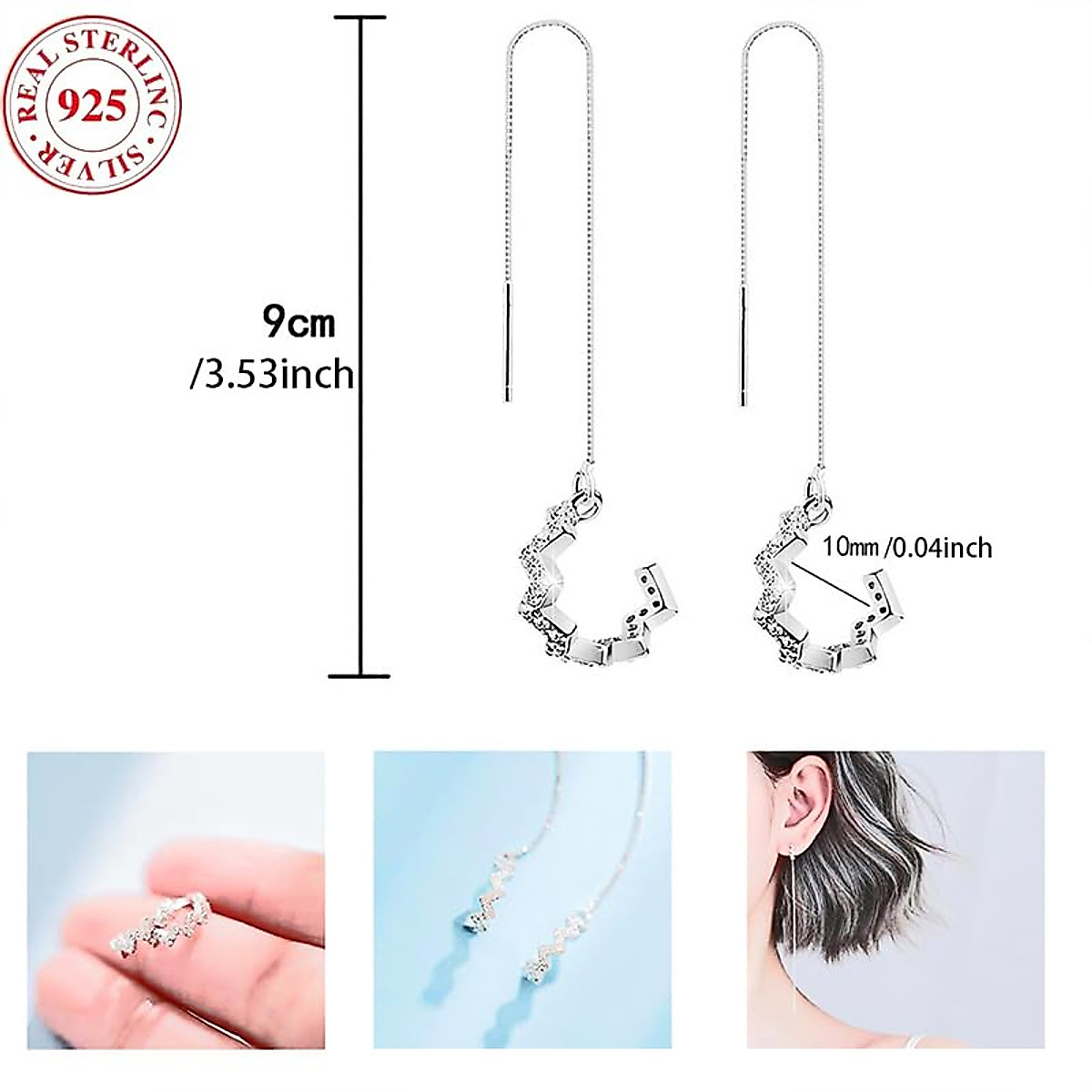 925 Sterling Silver Wave Cuff Earrings with Sparkly Cubic Zirconia Wrap Tassel Earrings for Women Dangle Earrings Threader Chain