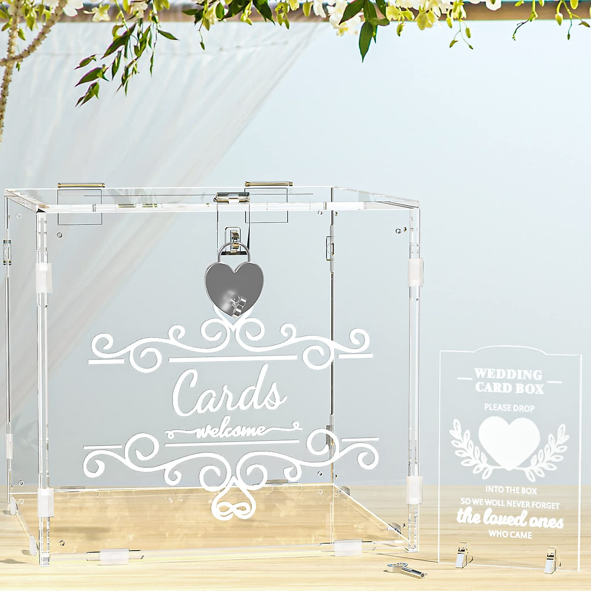 FEMELI Acrylic Wedding Cards Box with Slot & Lock, 10x9.6x9.3in Large Clear Gift Letter Envelope Card with Sign/ 2 Keys/ light for Reception Anniversary Birthday Party Baby Shower Decorations