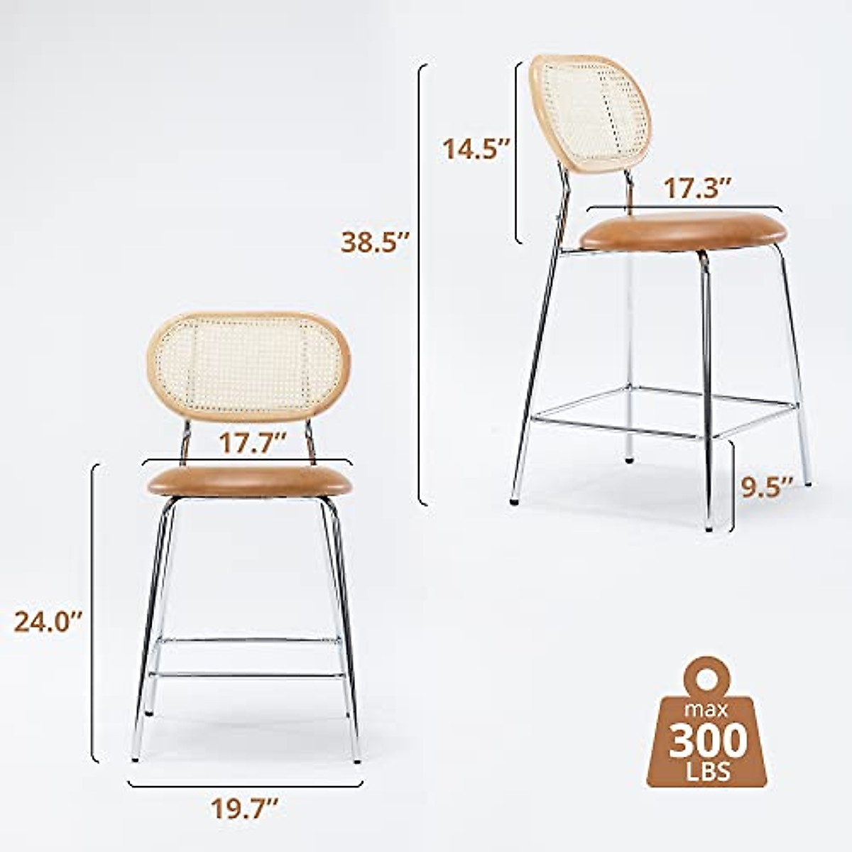 Indoor/Outdoor Faux Leather Bar Stools Set of 2,Rattan and Wood Backrest with Metal Legs, Modern Upholstered Round seat Chair Counter Height Barstool for Bistro Home Restaurant,24",Whiskey Brown