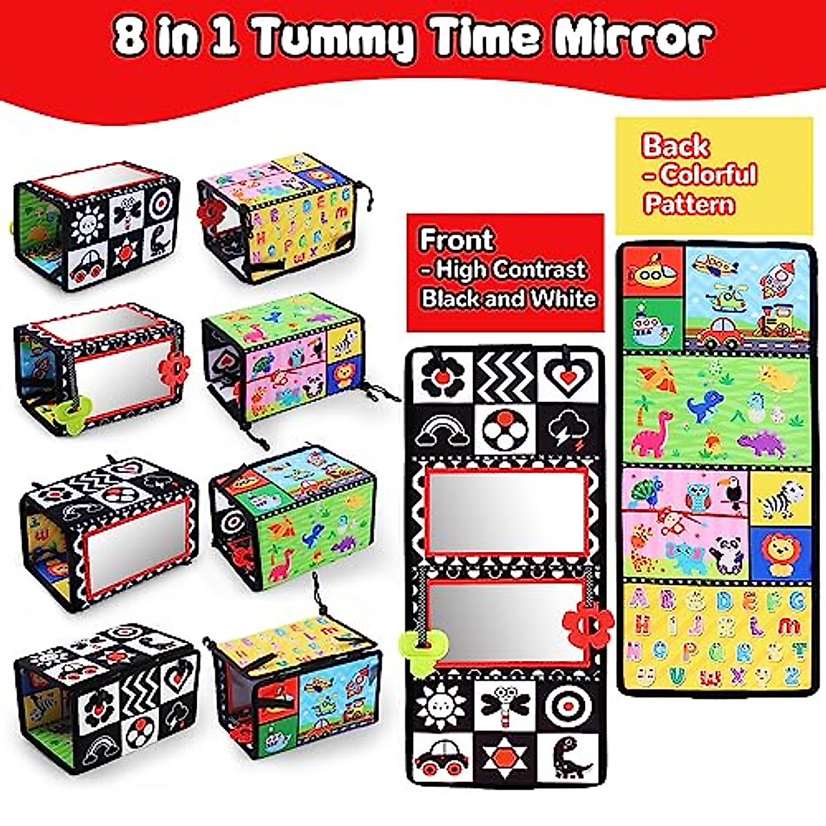 Tummy Time Floor Mirror with Teethers, Double-Sided Baby Mirror Black and White High Contrast Baby Toys for Babies, Baby Montessori Toys Crawling Developmental Newborn Infant Sensory Toys (A-Mirror)