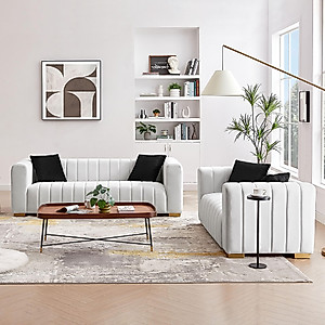 kevinplus 87.8'' Velvet Sectional Sofa Couch for Living Room, Modern Contemporary Chesterfield 3-Seat Sofa Couch for Apartment Bedroom Office, Strong Gold Metal Legs, 2 Pillows, White