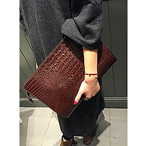 Mily Fashion Crocodile Pattern Oversize Leather Envelope Clutch Ladies Portfolio Evening Handbag Brown