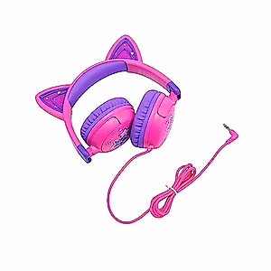 iClever Kids Headphones Cat Ear, LED Light Up, 85dBA Safe Volume, Stereo Sound Toddler Headphones for Travel School, Foldable 3.5mm Wired Kids Headphones for iPad Tablets, Meow Lollipop-Hot Pink