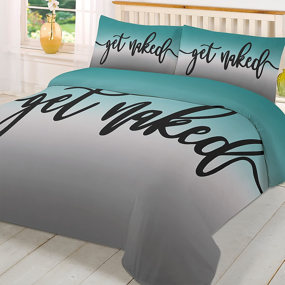 3 Piece Bedding Set Comforter Cover California King, Funny Get-Naked Words Ombre Turquoise Grey Gradient Color 3 pcs Duvet Cover Set with Zipper Closure for Childrens/Teens/Adults