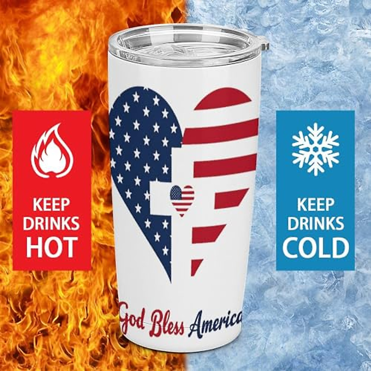 God Bless America Heart Flag Patriotic 20 OZ Stainless Steel Tumbler Travel Car Coffee Mug with Straw Lid Cleaning Brush Coffee Tumbler Mug for Women Men