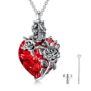 PELOVNY Rose Flower Cremation Necklace For Ashes, Red Crystal Urn Necklace For Ashes For Women Memorial Jewelry