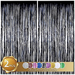 BEISHIDA 2 Pack Foil Fringe Curtain,Black Tinsel Metallic Curtains Photo Backdrop for Halloween Wedding Engagement Bridal Shower Birthday Bachelorette Party Stage Decor(3.28 ft x 6.56 ft)