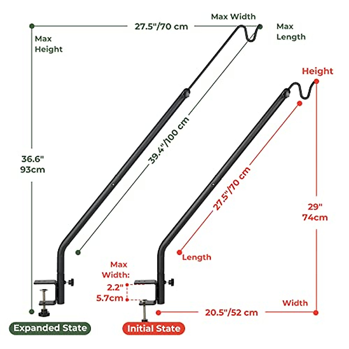 Kingsyard Heavy Duty Deck Hook, 39 Inch, Adjustable Metal Deck Railling Hooks for Hanging Bird Feeders, Planters, Suet Baskets, Lanterns, Wind Chimes, Black