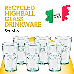 Amici Home Bee Hiball Glass | 16 Oz | Italian Made, Recycled Glass with Green Tint | Drinking Glass with Embossed Bee Design for Water, Juice, Cocktails (Set of 6)