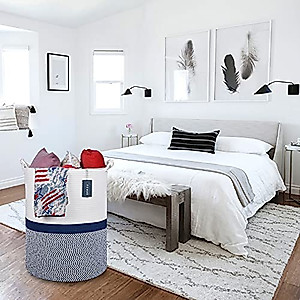 COMSE Extra Large Blanket Basket, Tall Storage Basket, 15.7”x 21.7”, Tall Rope Laundry Basket, Cotton Rope Basket, XXXL Laundry Basket, Toy Basket, Woven Basket, Clothes Baskets, Blend White/Navy Blue