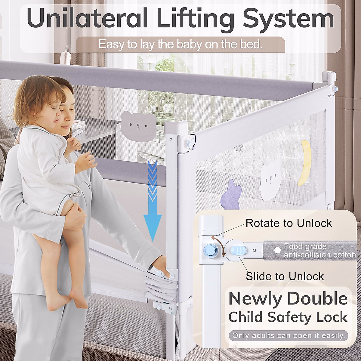 omzer Bed Rail for Toddlers - Baby Bed Guard Rail with Double Child Lock, Safety Bedrail for Children Kids with Pattern, Infants Height Adjustment Guardrail for Full Queen King Size - 1 Pack, 78.74”