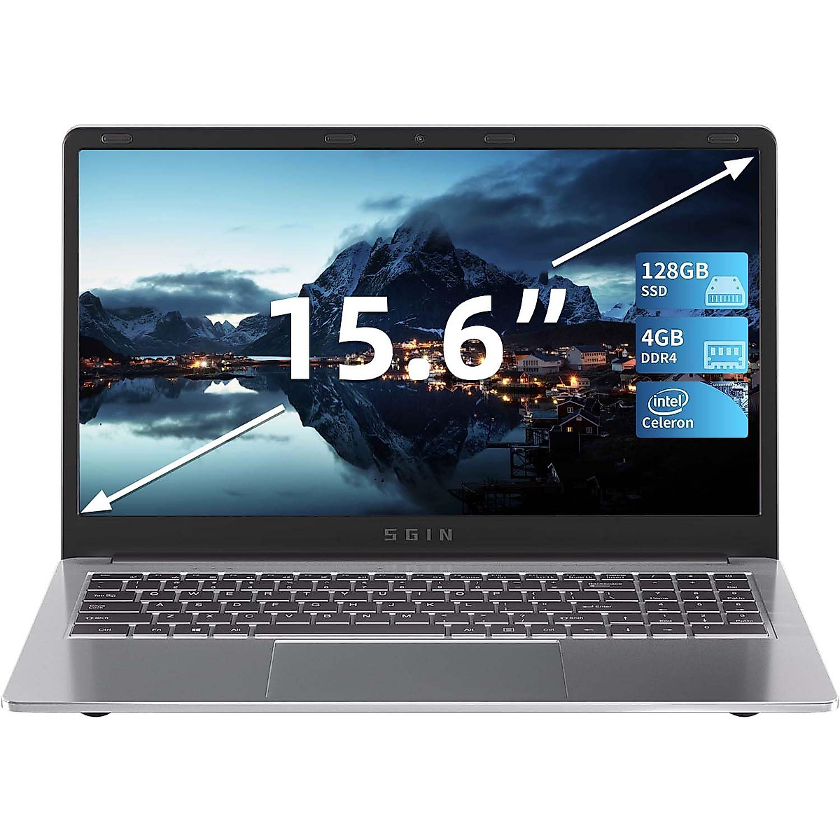 SGIN Laptop, 15.6 Inch Notebook, Laptops with 4GB DDR4 RAM 128GB SSD Intel Celeron Quad Core Processor, Intel UHD Graphics 600, USB3.0, Mini HDMI, WiFi, Bluetooth 4.2
