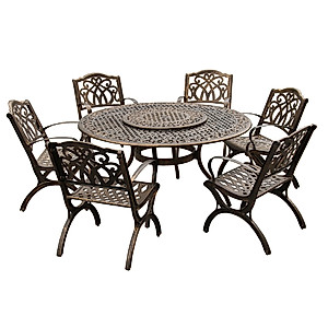 Oakland Living Modern Ornate Outdoor Mesh Aluminum 59-in Large Bronze Round Patio Dining Set with Lazy Susan and Six Chairs