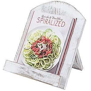 MyGift Shabby Whitewashed Wood Cookbook Holder Stand, Countertop Recipe Book Binder iPad Tablet Holder with Kickstand