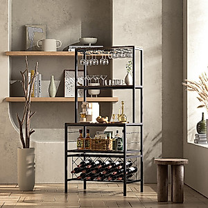GEBAROW Wine Rack Freestanding, Metal Wine Rack, Industrial Wine Bakers Rack with LED and Sockets, Bar Cabinet with Glass Bottle Holder for Home Kitchen Dining Room, Rustic Brown