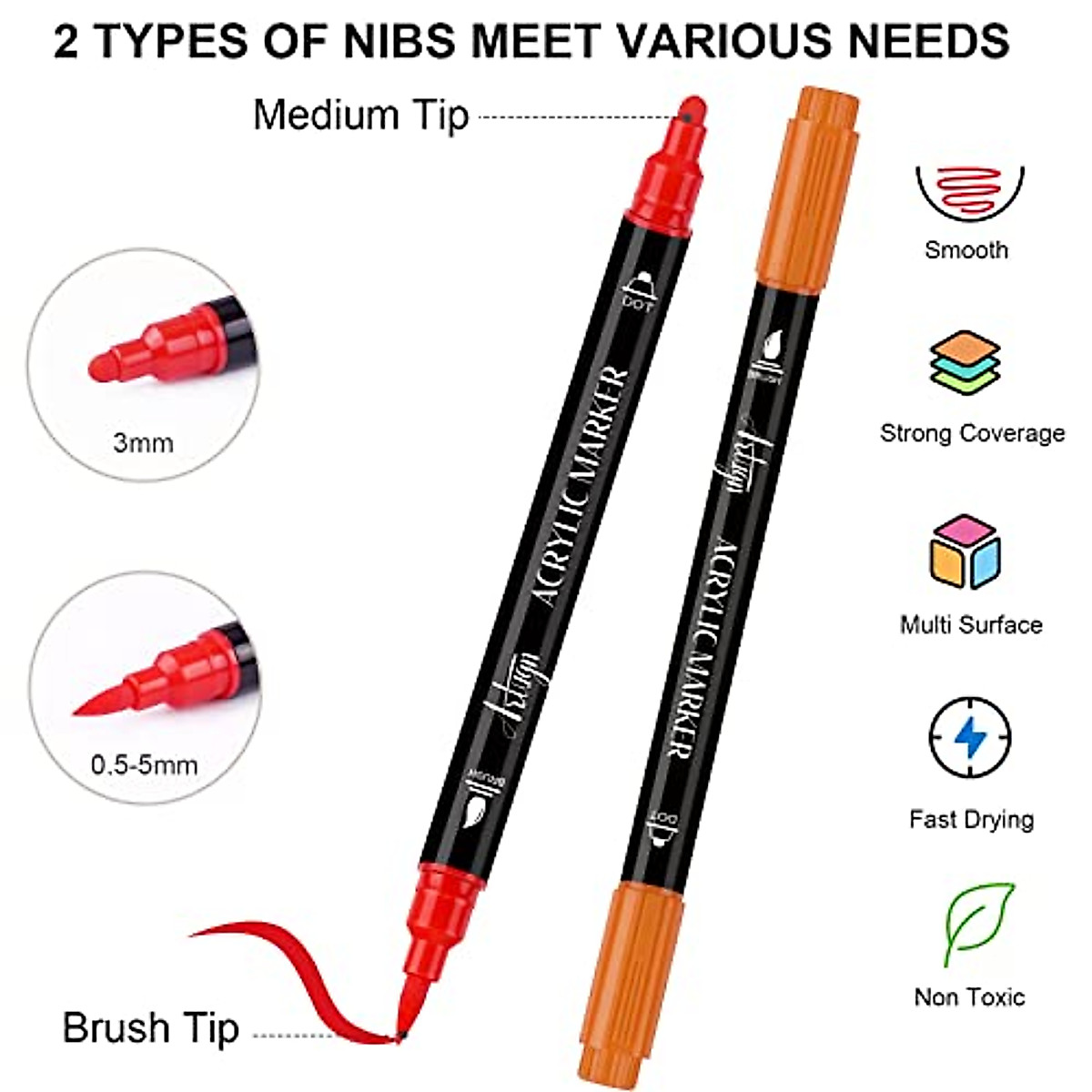 24 Colors Acrylic Paint Pens, Dual Tip Pens With Medium Tip and Brush Tip, Paint Markers for Rock Painting, Ceramic, Wood, Plastic, Calligraphy, Scrapbooking, Brush Lettering, Card Making, DIY Crafts