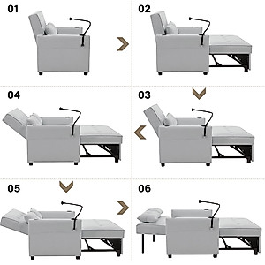 Convertible Loveseat Sleeper Bed, 3-in-1 Chaise Lounge Chair with Pillow and USB Charging, Reading Chair for Adults with Cup Holder, Side Pocket, Lounge Sofa for Bedroom with Phone Holder, Grey