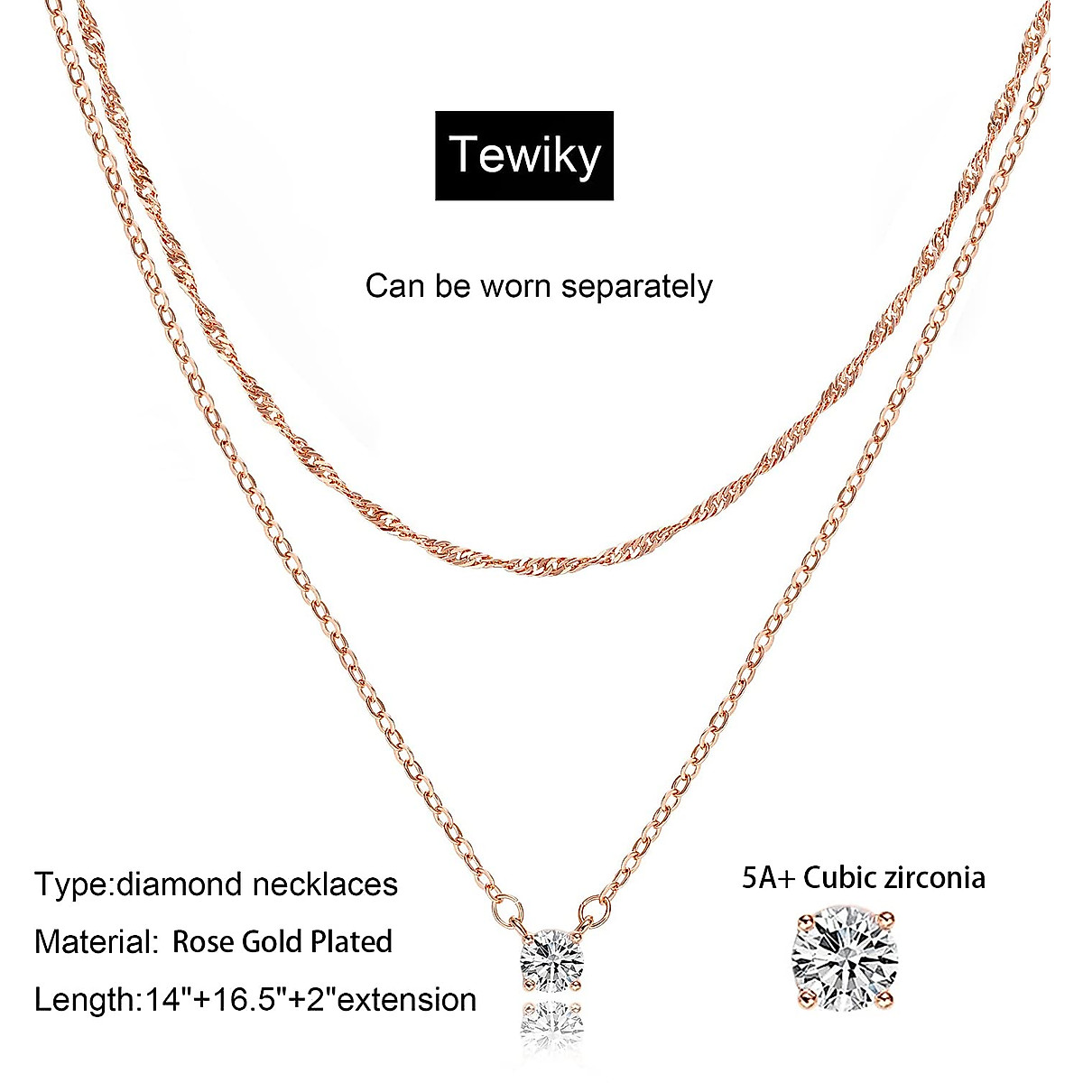 Tewiky Rose Gold Necklace, 14k Rose Gold Plated Layered Diamond Necklaces, Chain Choker Necklaces for Women CZ Solitaire Simple Rose Gold Jewelry for Womens
