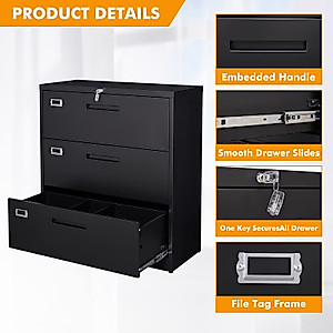 STANI Lateral File Cabinet with Lock, 3 Drawer Lateral Filing Cabinet, Metal Lateral File Cabinet for Home and Office, Metal Storage File Cabinet for Hanging Files Letter/Legal/F4/A4 Size