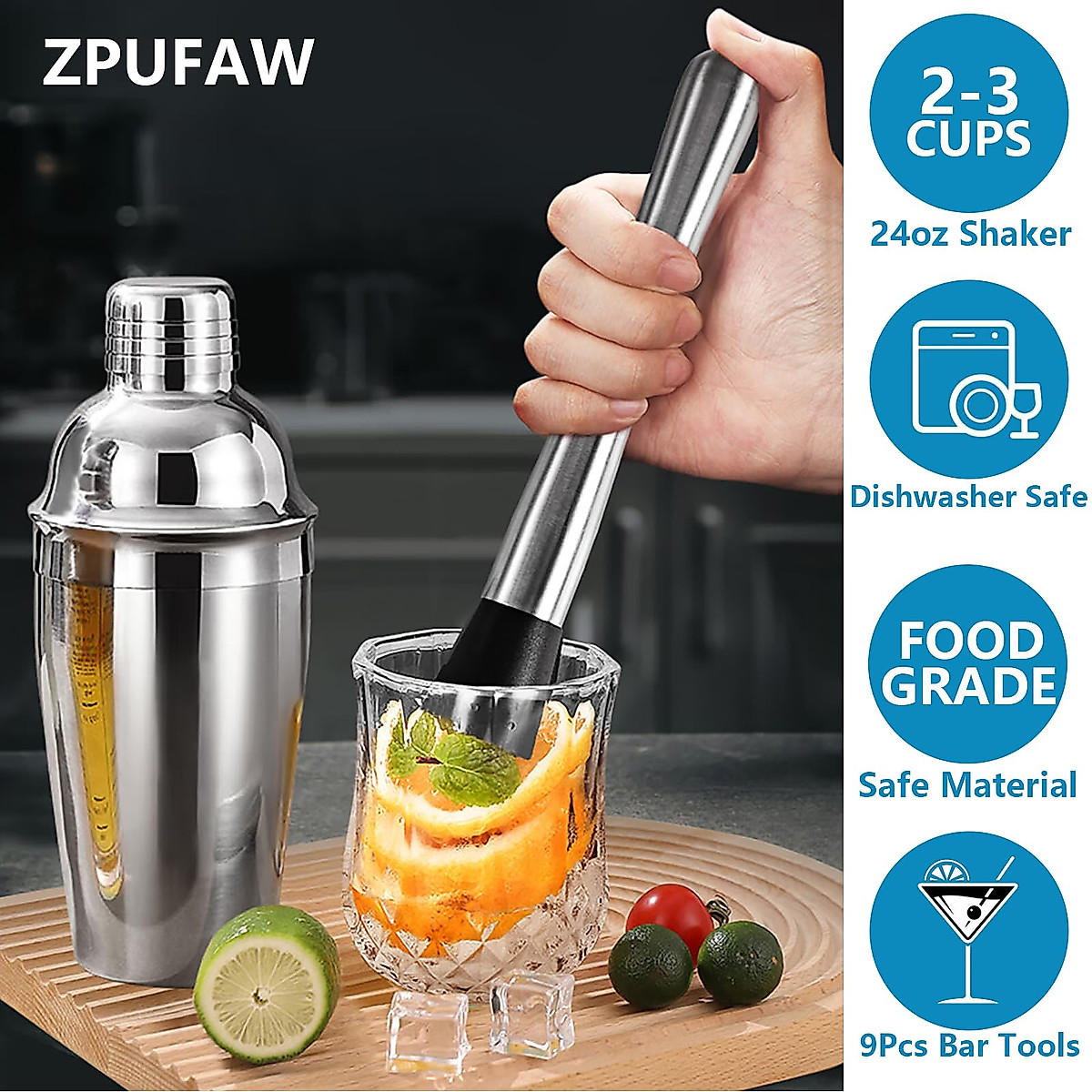 ZPUFAW 24oz Cocktail Shaker Set 9 Piece Bartender Kits Bar Tools Perfect for Drink Mixing Martini Stainless Steel Home Bar Set for Dad Bartender