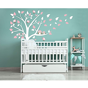 LUCKKYY Cute Owls with Birds Stand on The Tree Wall Decals Tree Wall Decals Tree Wall Sticker for Kid Baby Nursery Room (87x78") (Pink.)