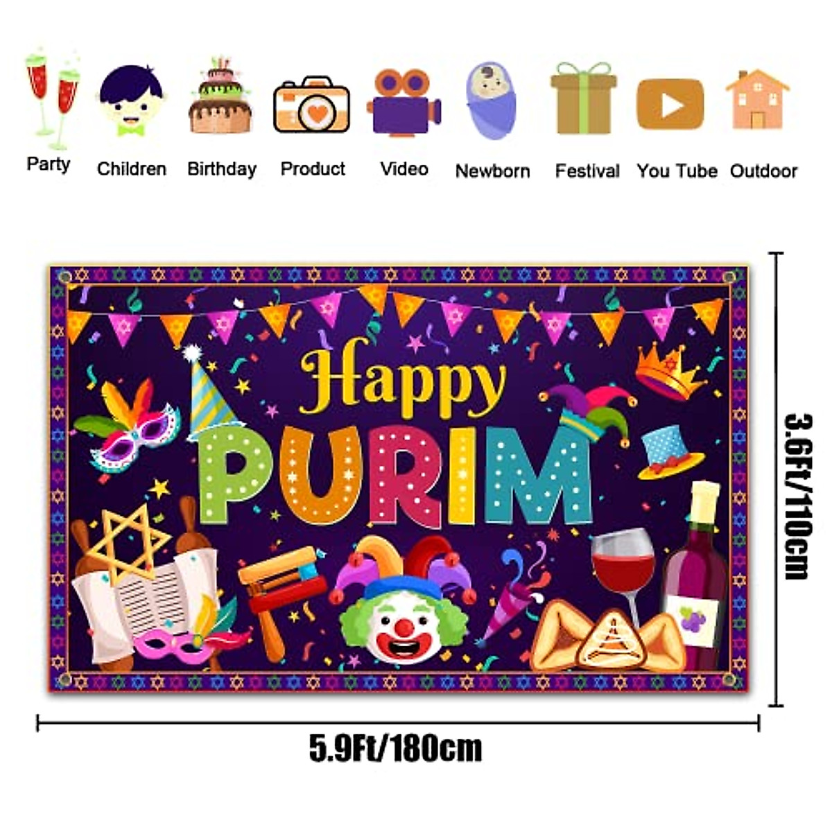 Large 71'' x 43'' Happy Purim Banner, Purim Decorations Backdrop, Colorful Purim Photo Backdrop, Purim Backdrop Party Indoor Outdoor Photography Background Decoration