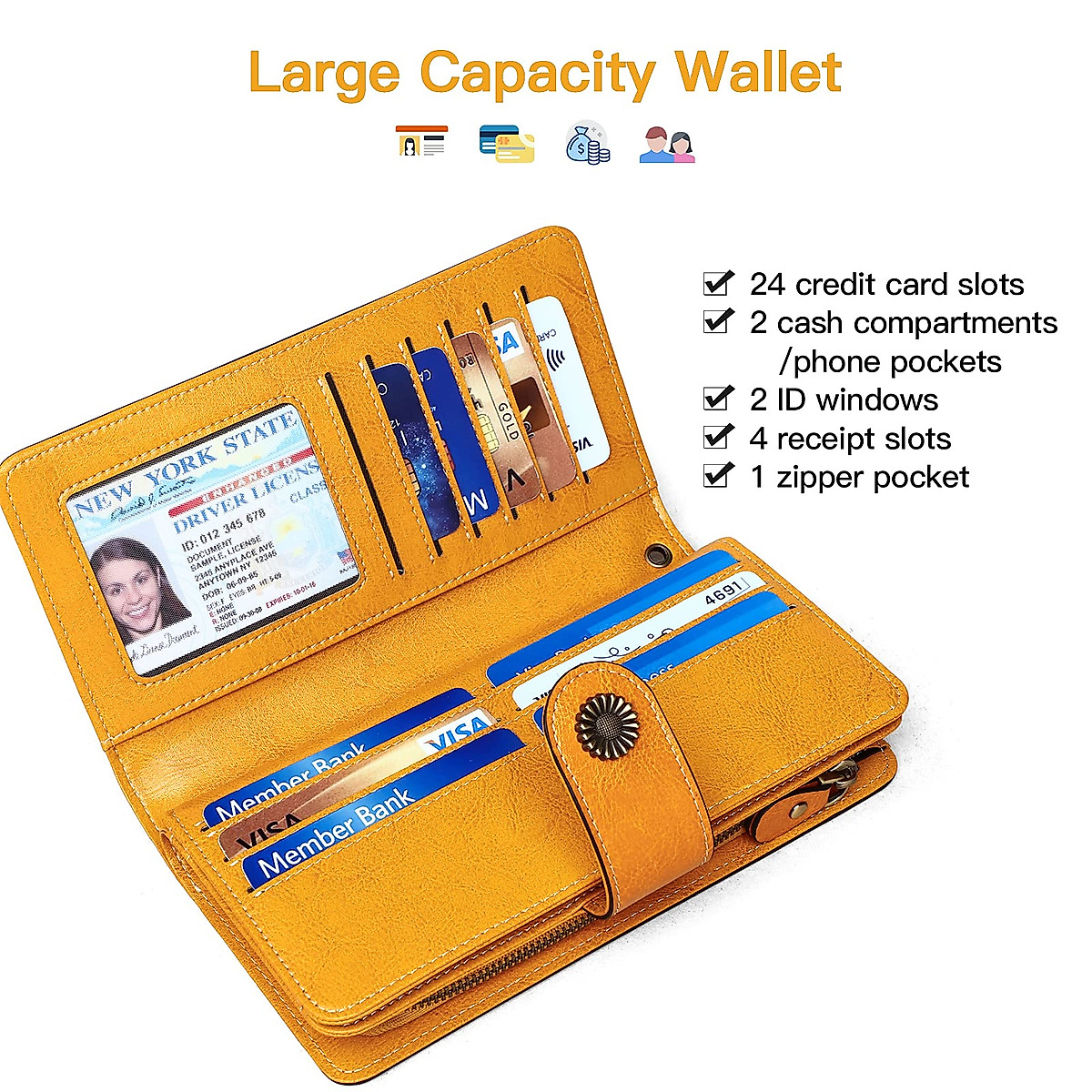 Seammer Womens Genuine Leather Wallets Large Capacity RFID Blocking Credit Card Holder Ladies Wristlet Purse (Yellow)