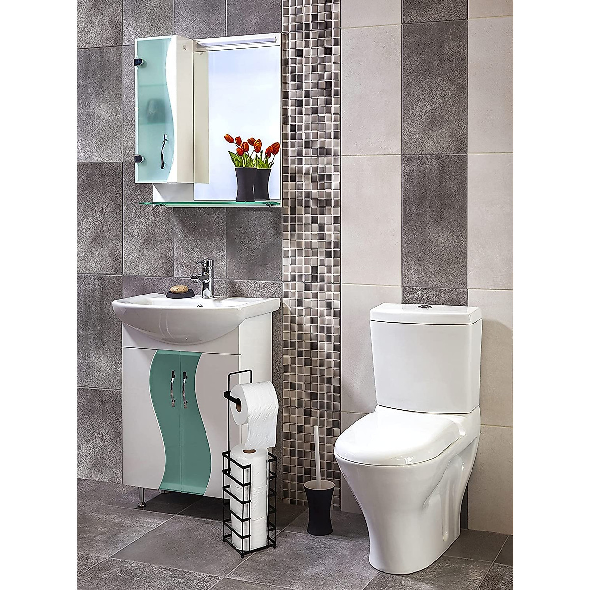 Richards Homewares Vertical Free-Standing Jumbo and Mega Size 4-Rolls Toilet Paper Storage Holder with Dispenser, 5.5 x 5.5 x 24.75-Inch, Matte Black