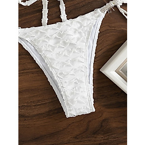 WDIRARA Women's Lettuce Trim Rhinestone Halter Triangle Bikini Set 2 Piece Swimsuit White S