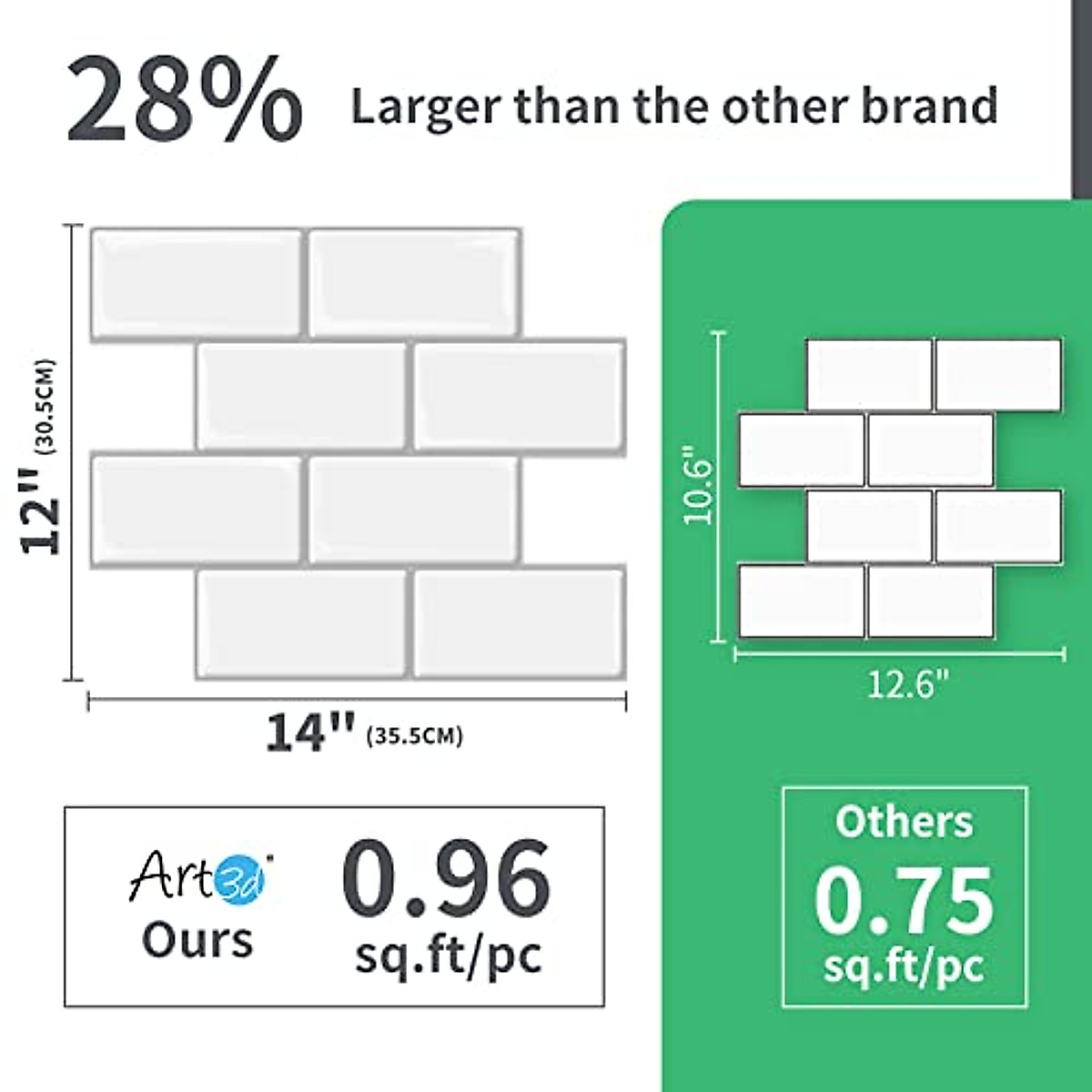 Art3d Peel and Stick Backsplash, 14x12 Subway Tiles, Faux Ceramic Tiles (10 Tiles, Thicker Version)