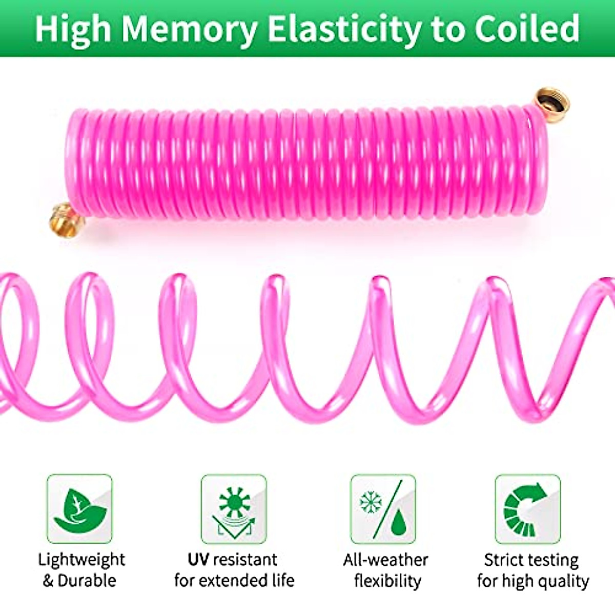 Yereen Coil Garden Hose 25FT, EVA Recoil Garden Hose, Transparent Self-coiling Water Hose with 3/4" Brass Connector Fittings with 7 Function Spray Nozzle, Pink