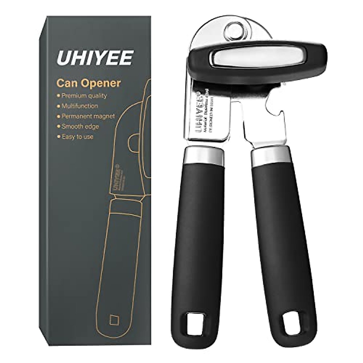 Can Opener Manual, UHIYEE Handheld Can Openers with Magnet, Hand Can Opener with Soft-Handle Grips, Sharp Blade for Smooth Edge, Oversize Effort-Saving Knob