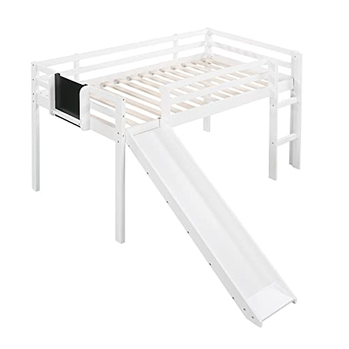 HBRR Twin Loft Bed with Slide for Kids Teens, Wood Loft Bed Frame w/Ladder, Guardrail and Chalkboard, Space-Saving, No Box Spring Needed, White