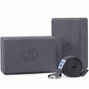 IUGA Yoga Block 2 Pack with Yoga Strap, High Density Yoga Blocks 9”x6”x3”to Improve Strength, Flexibility and Balance, Light Weight and Non-Slip Surface for Yoga, Pilates and Meditation