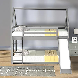 LostCat Twin Over Twin Bunk Bed with Slide,House Shaped Wooden Bunkbeds w/Safety Guardrail and Ladder,No Box Spring Needed,Suitable for Girls Boys,Grey