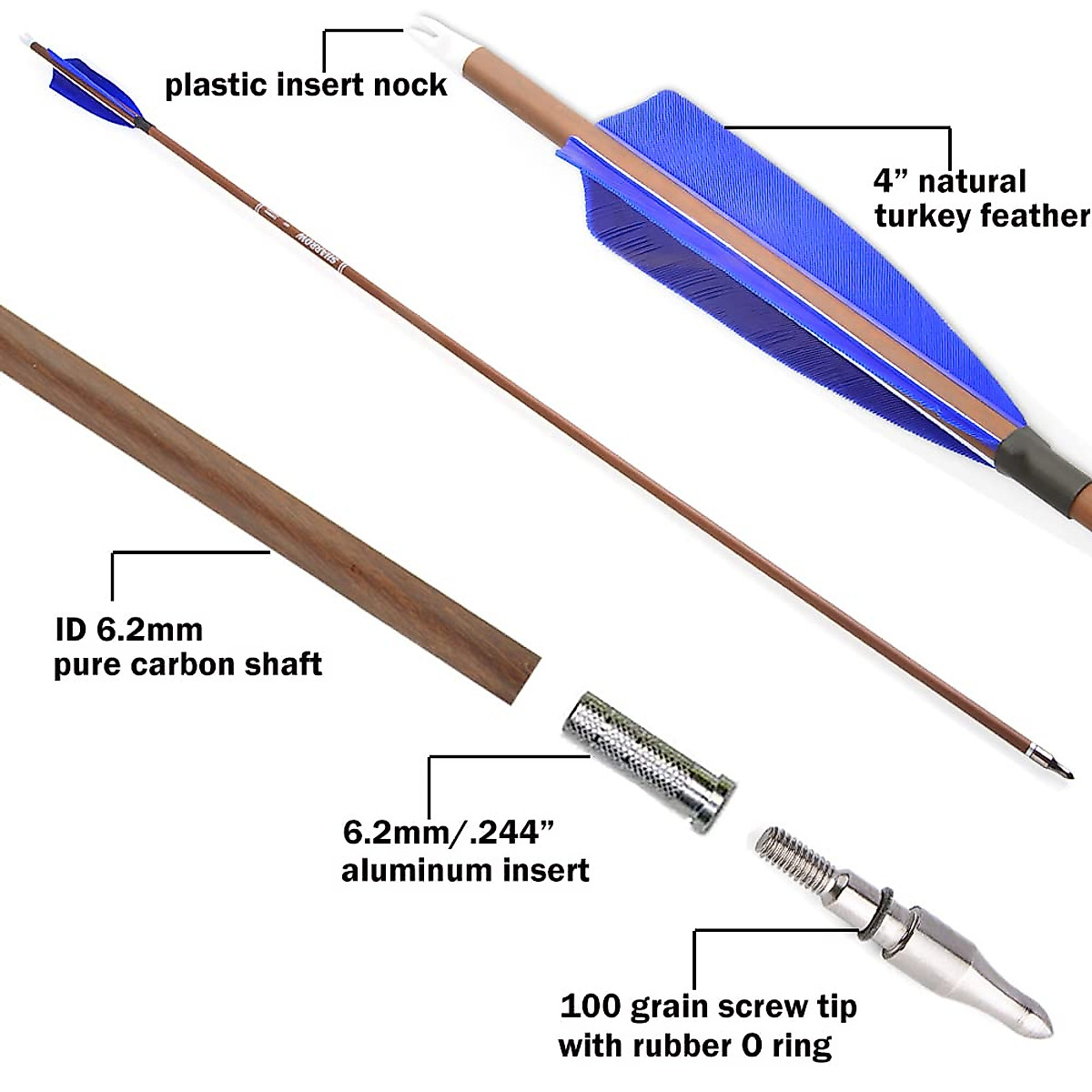 ZSHJGJR 31" Archery Carbon Arrows Spine 340 400 500 600 Hunting Arrows with Removable Tips Natural Feather Targeting Arrows for Compound & Recurve & Traditional Bow 6/12pcs (Spine 340, blue, 12)