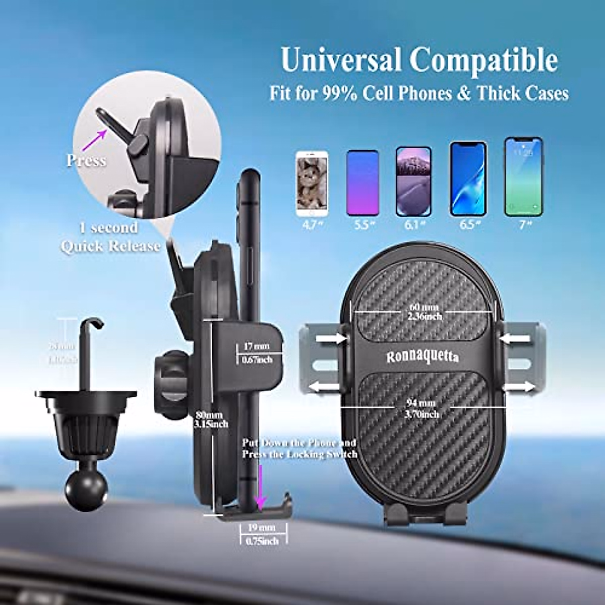 Ronnaquetta 360 Rotation Car Phone Holder, Quick Release, Adjustable, Compatible with 99% Phones, Black