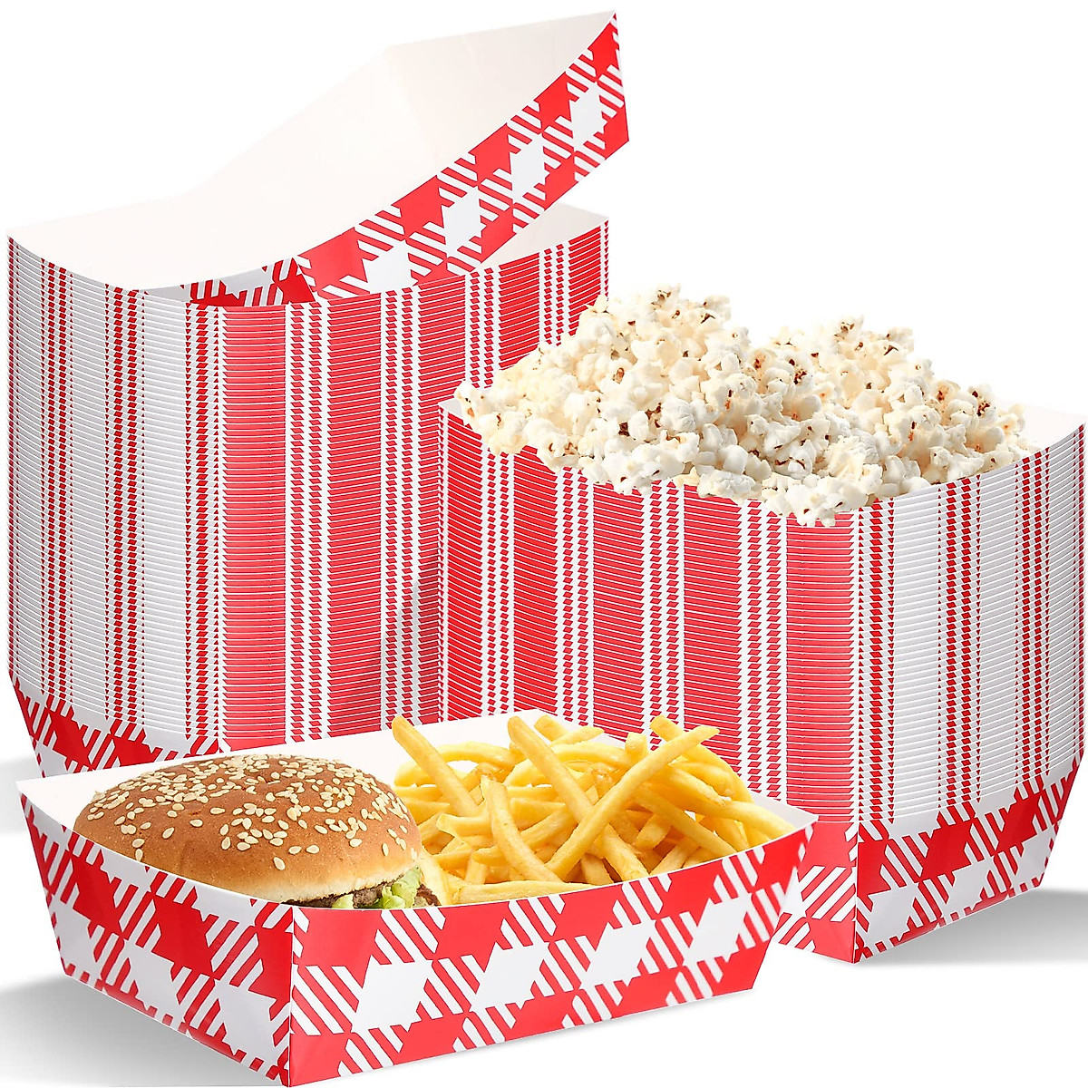 200 Pieces 2 lb Gingham Party Paper Food Trays Red Checkered Party Supplies Nacho Food Tray Snack Candy Holder Trays Disposable Serving Trays for Carnival Gingham Party Decorations Food Holder Trays