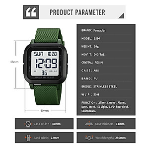 Forrader Mens Sport Digital Watches, Waterproof Outdoor Sport Watch with LED Backlight/Alarm/Countdown Timer/Dual Time/Stopwatch/12/24H Wrist Watches for Men Women Teenager, White/Green, strap