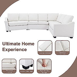 ERYE 129.5" L-Shaped Sofa W/Pull USB Charging Port, Modern Functional Corner Sectional Convertible Sleeper & Couch Bed for Home Apartment Living Room, Beige